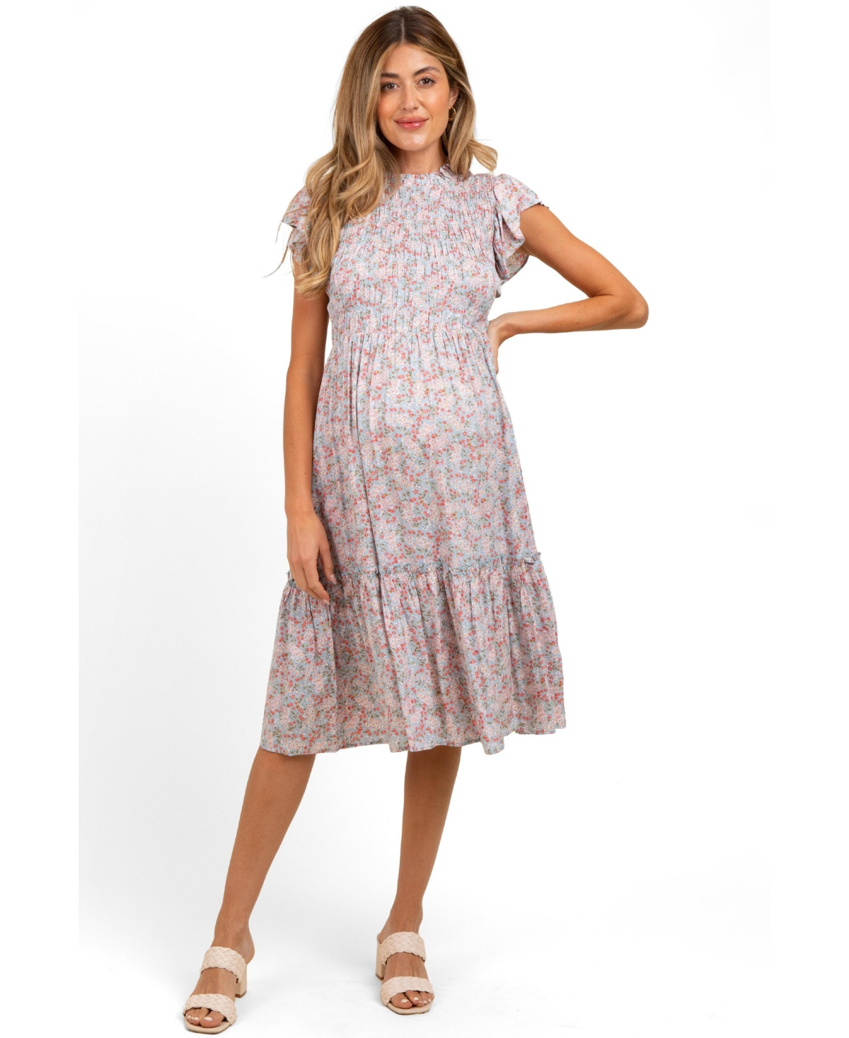 Click here for Pinkblush Womens Pink Floral Mock Neck Smocked Ruf... prices