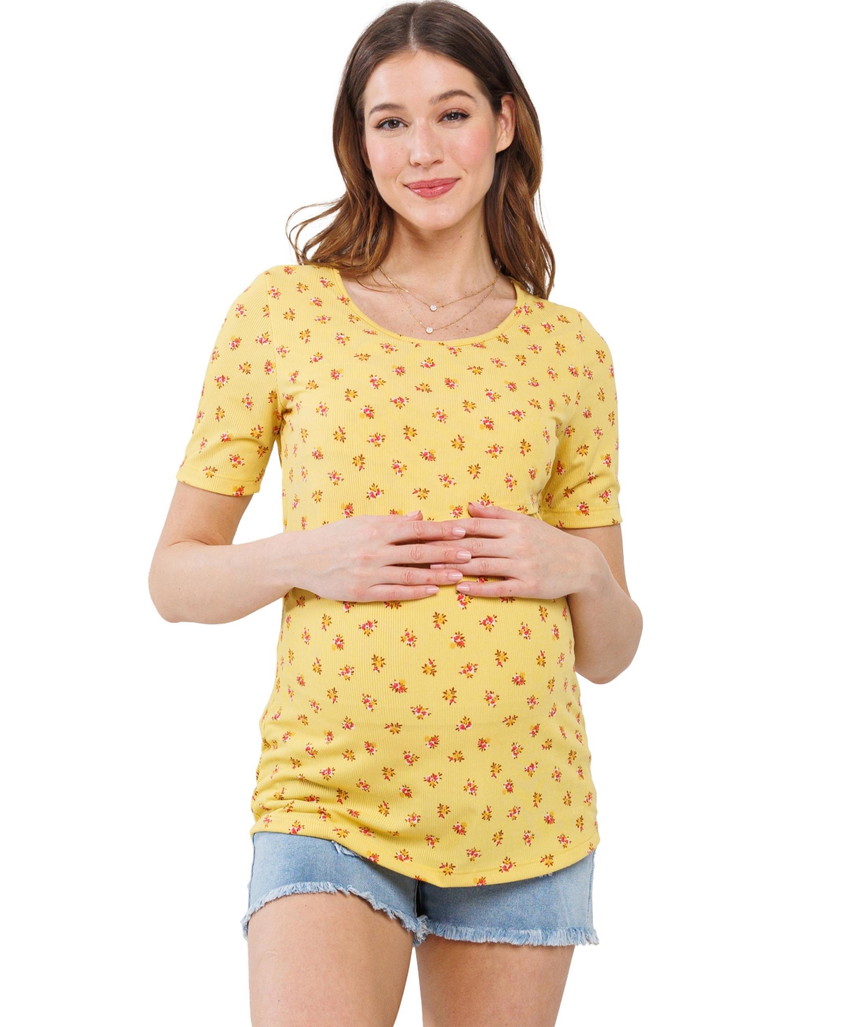 Click here for Hello Miz Maternity Floral Rib Short Sleeve Crosso... prices