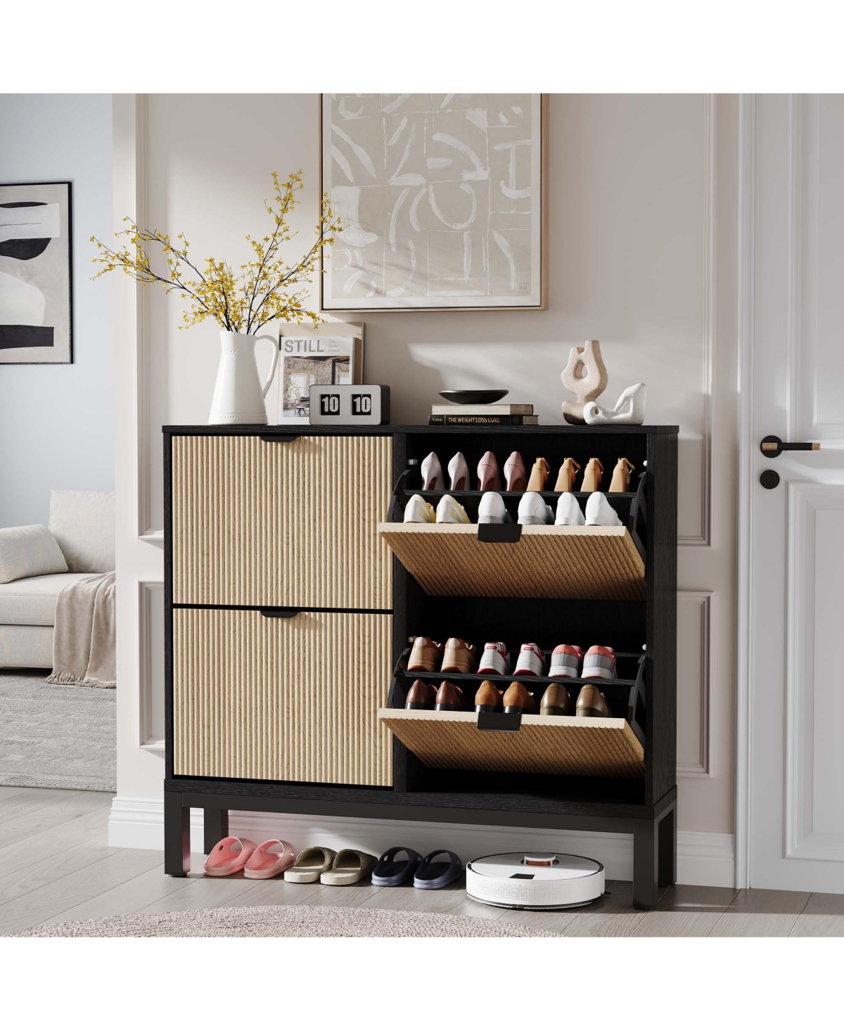 Click here for homfan Modern Fluted Shoe Cabinet with 4 Flip Draw... prices
