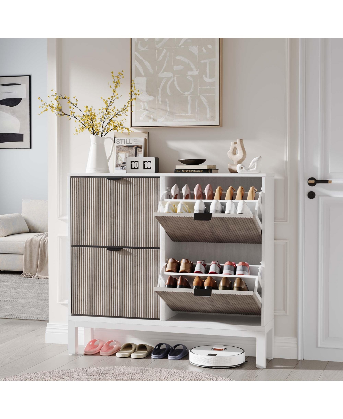Click here for homfan Modern Fluted Shoe Cabinet with 4 Flip Draw... prices