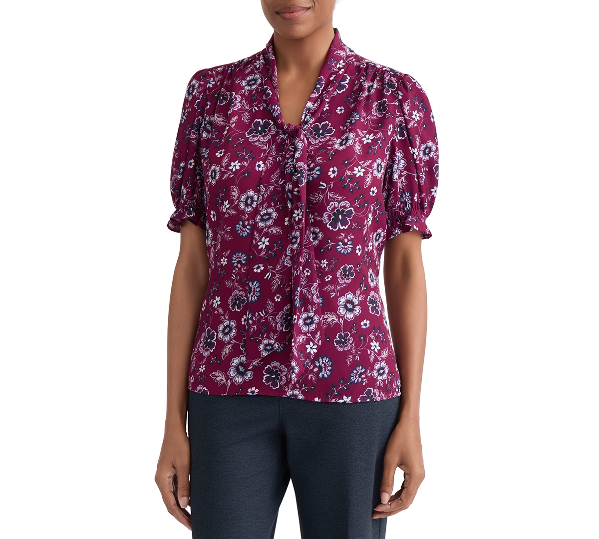 Click here for Jones New York Womens Tie-Neck Printed Top - Berry... prices