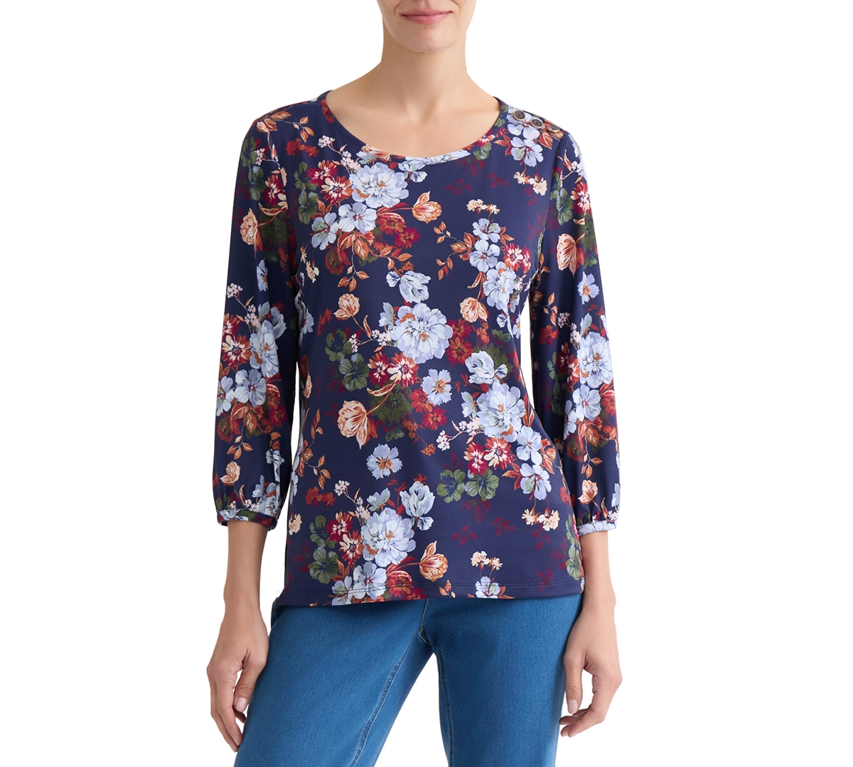 Click here for Jones New York Womens Floral Print Box Top - Pacif... prices