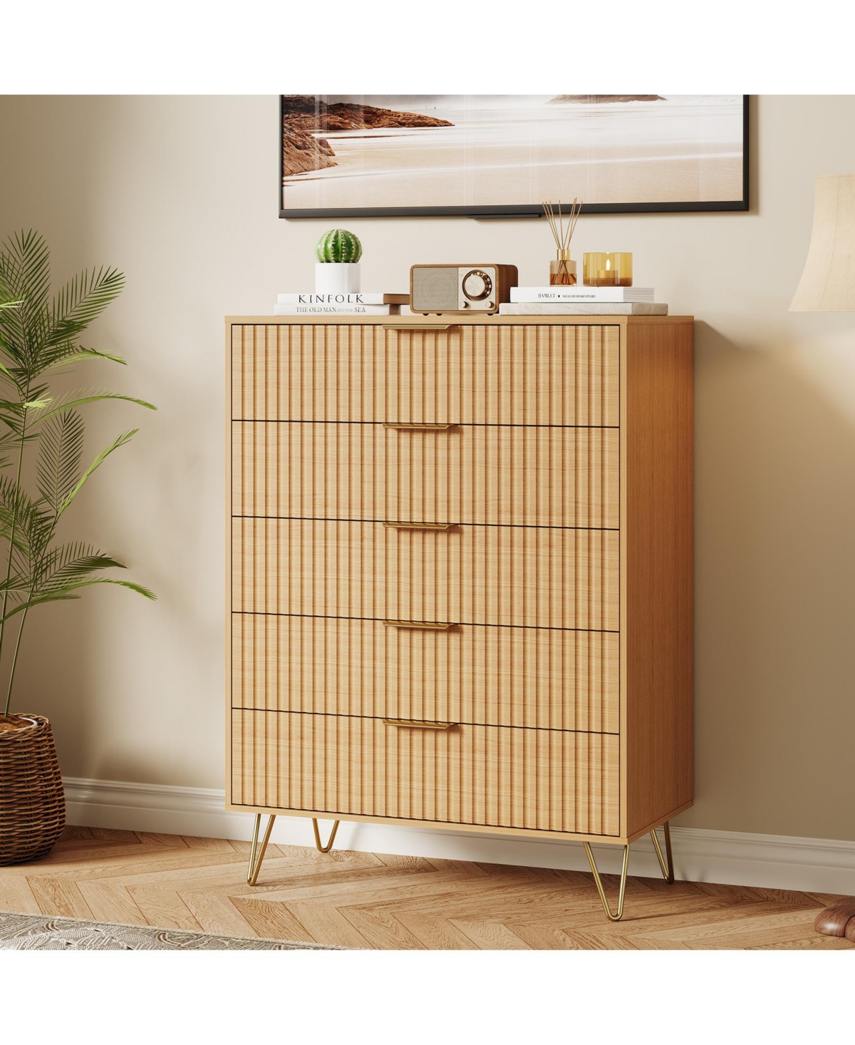 Click here for homfan Fluted 5 Drawer Dresser with Metal Handles... prices