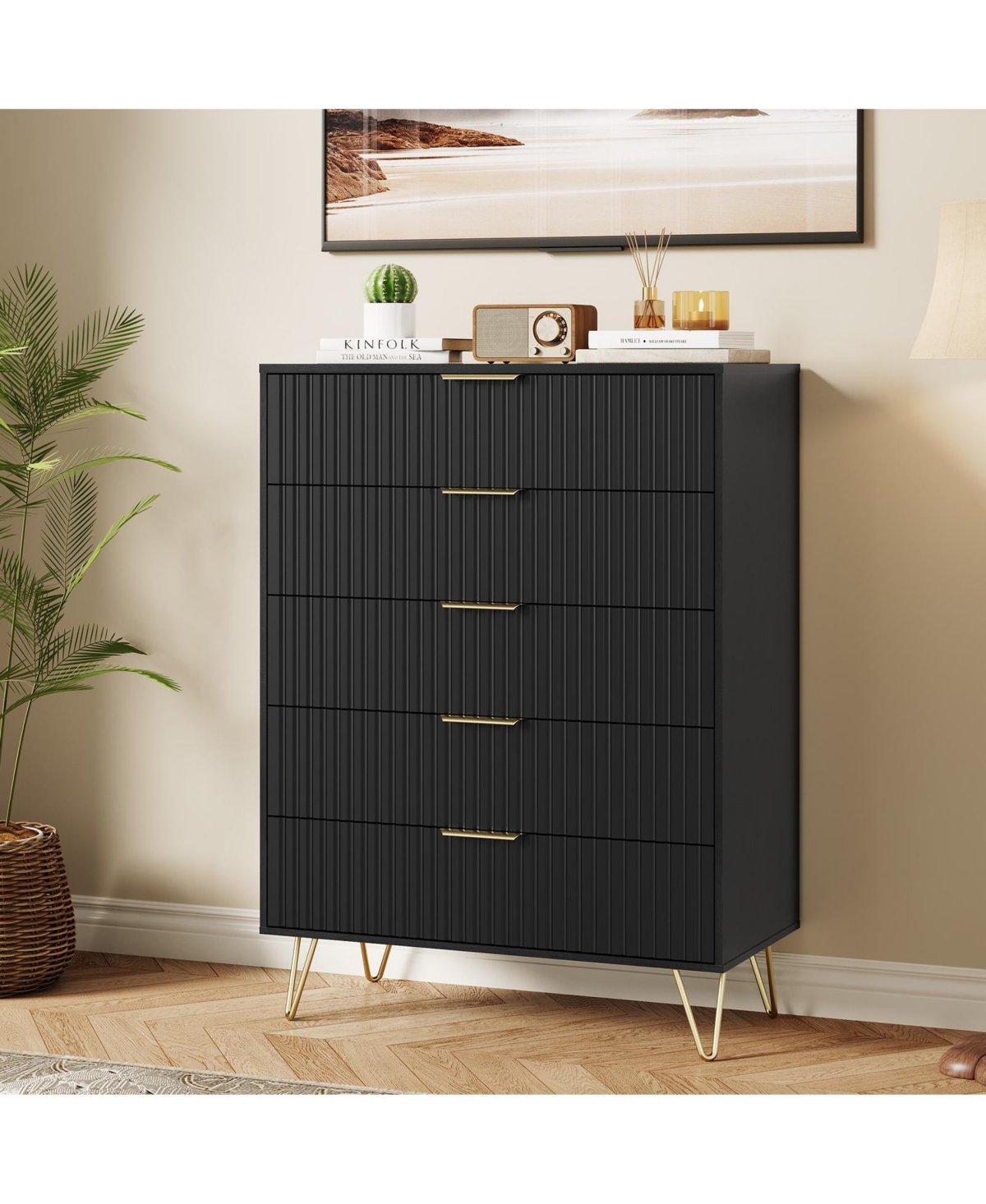 Click here for homfan Fluted 5 Drawer Dresser with Metal Handles... prices