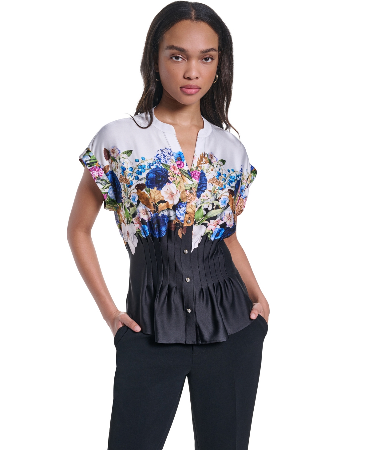 Click here for Karl Lagerfeld Paris Womens Floral Pleated Button-... prices