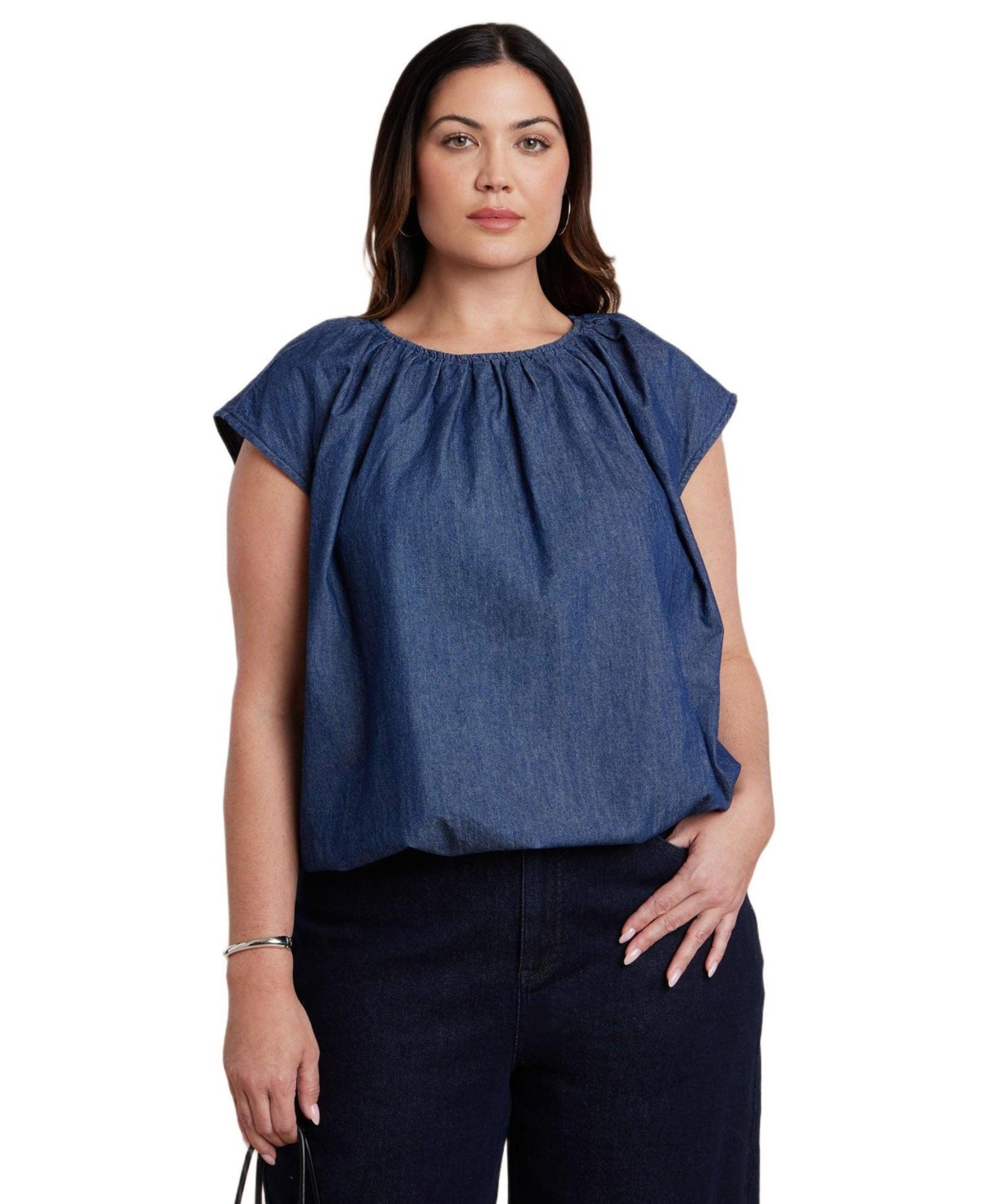 Click here for Eloquii Womens Plus Size Bubble Chambray Top - Nav... prices
