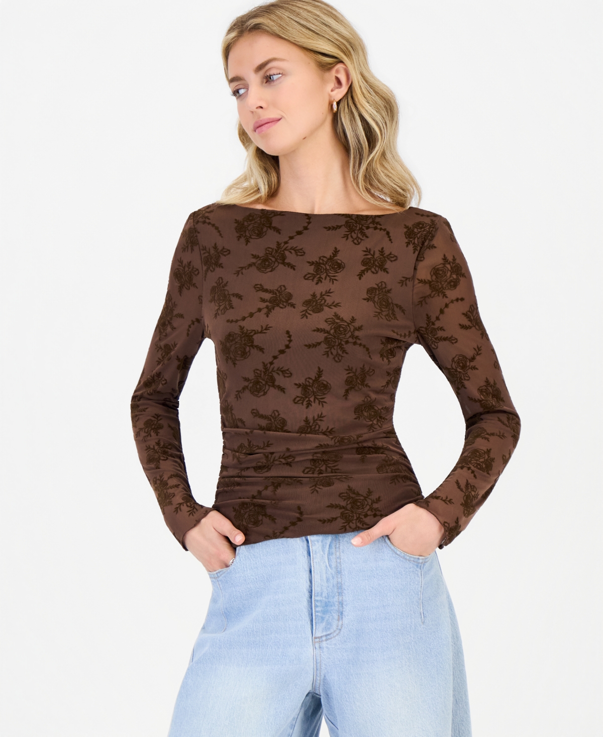 Click here for Ultra Flirt Juniors Ruched Flocked Long-Sleeve Top... prices