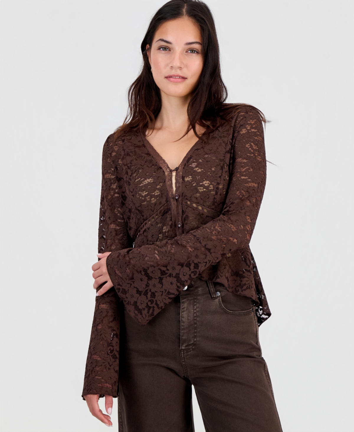 Click here for And Now This Womens Lace Bell-Sleeve Button-Front... prices