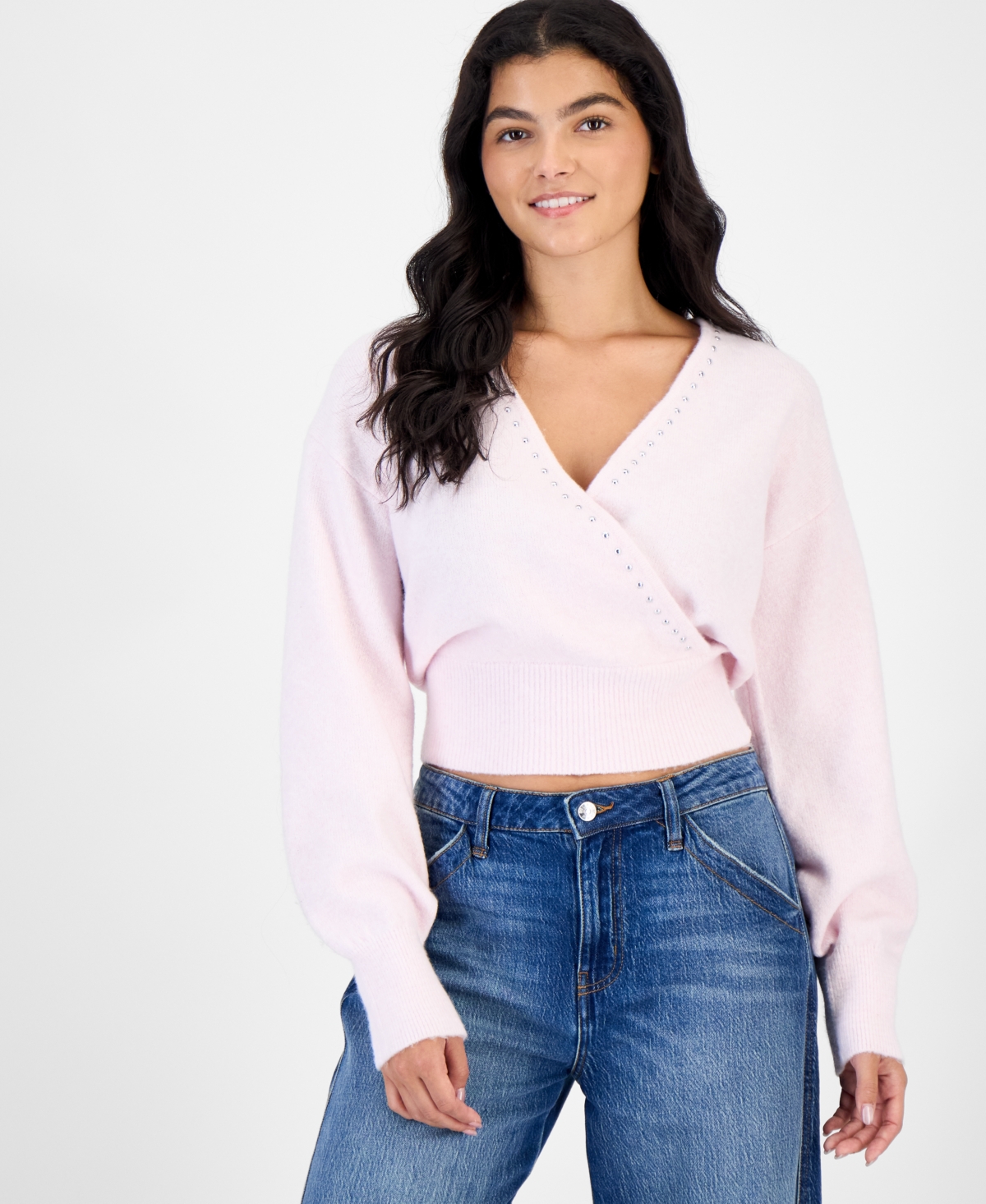 Click here for Hippie Rose Juniors Surplice Studded Pullover Swea... prices