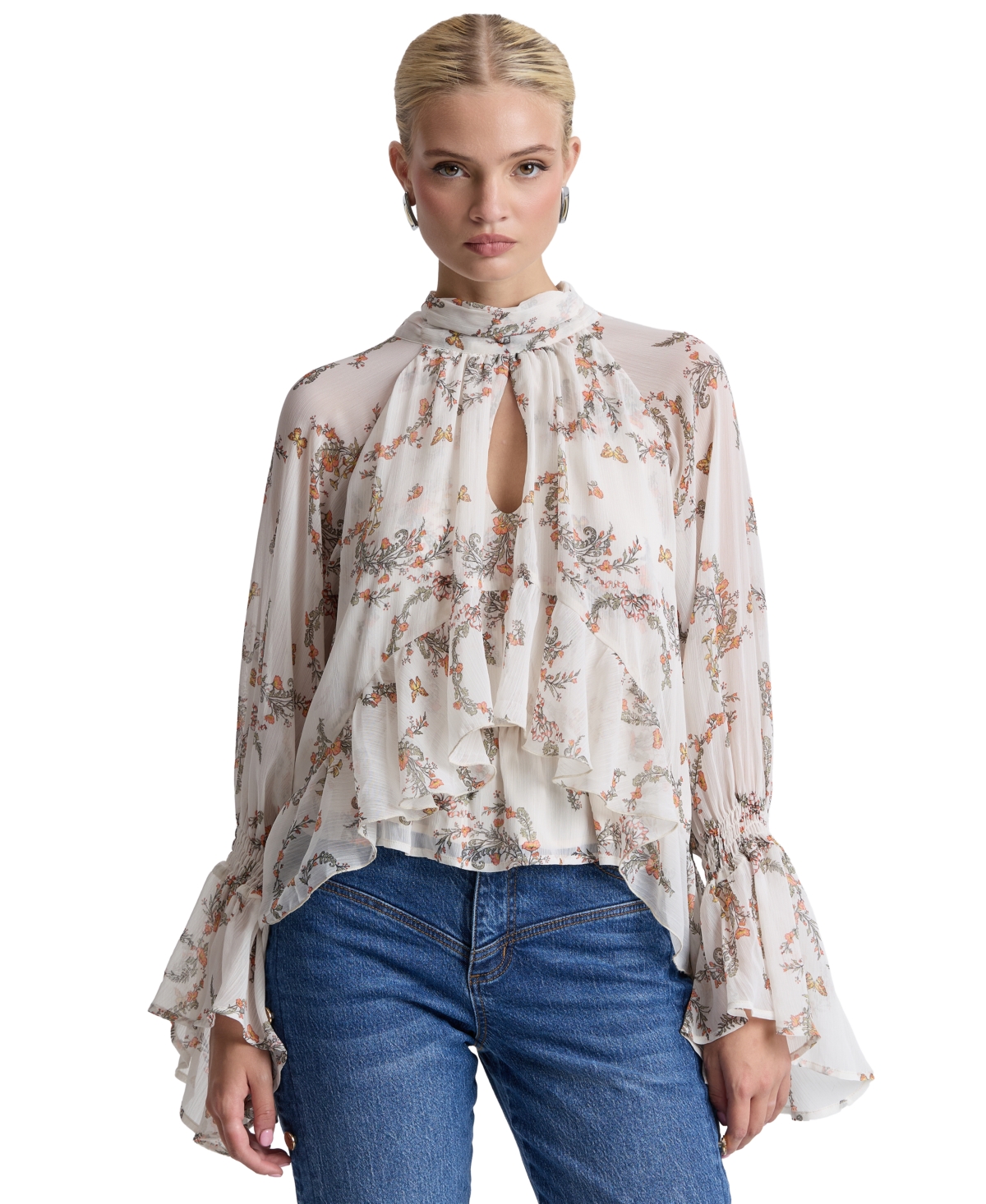 Click here for Avec Les Filles Womens Floral High-Neck Puff-Sleev... prices
