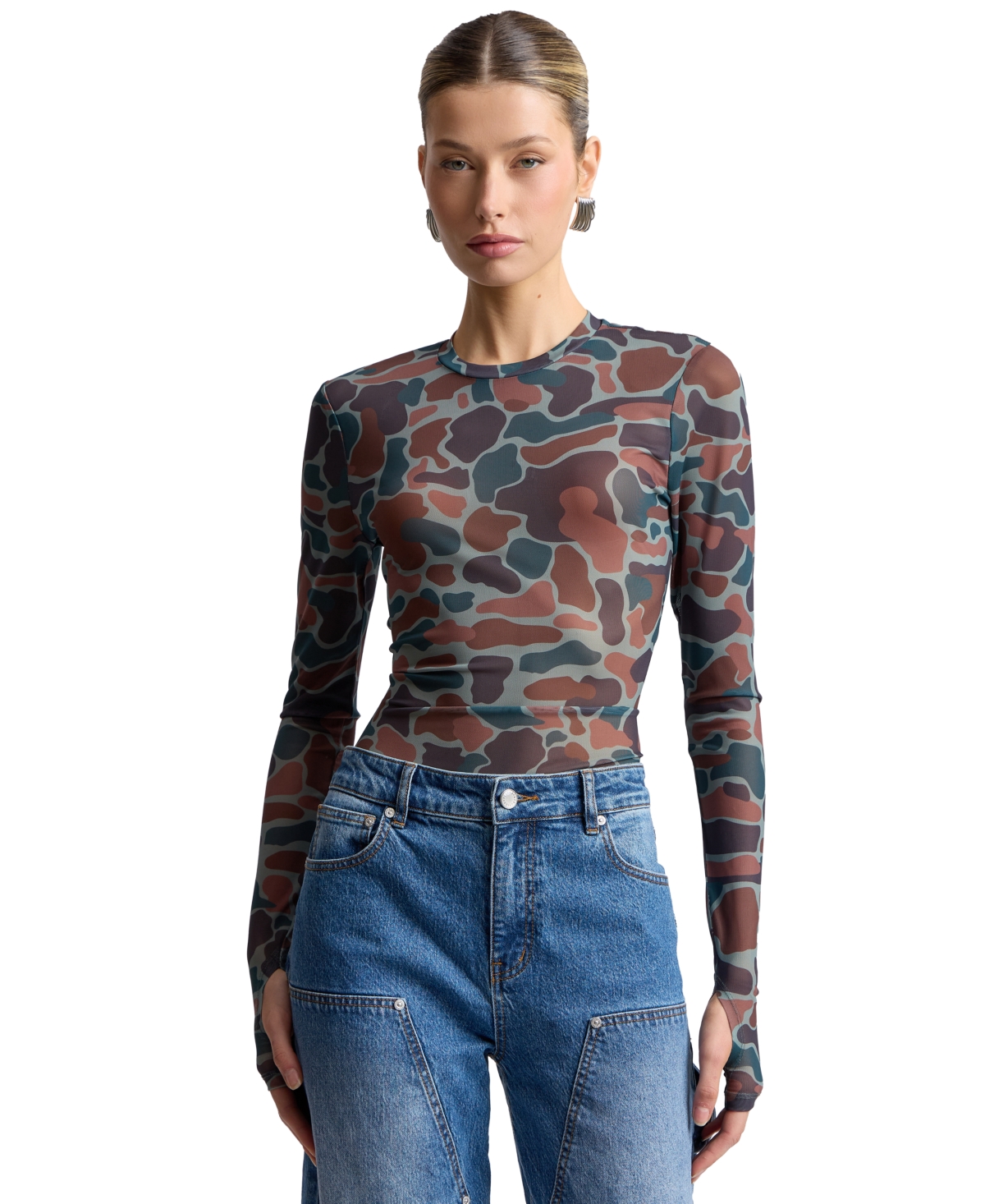 Click here for Avec Les Filles Womens Printed Long-Sleeve Mesh To... prices