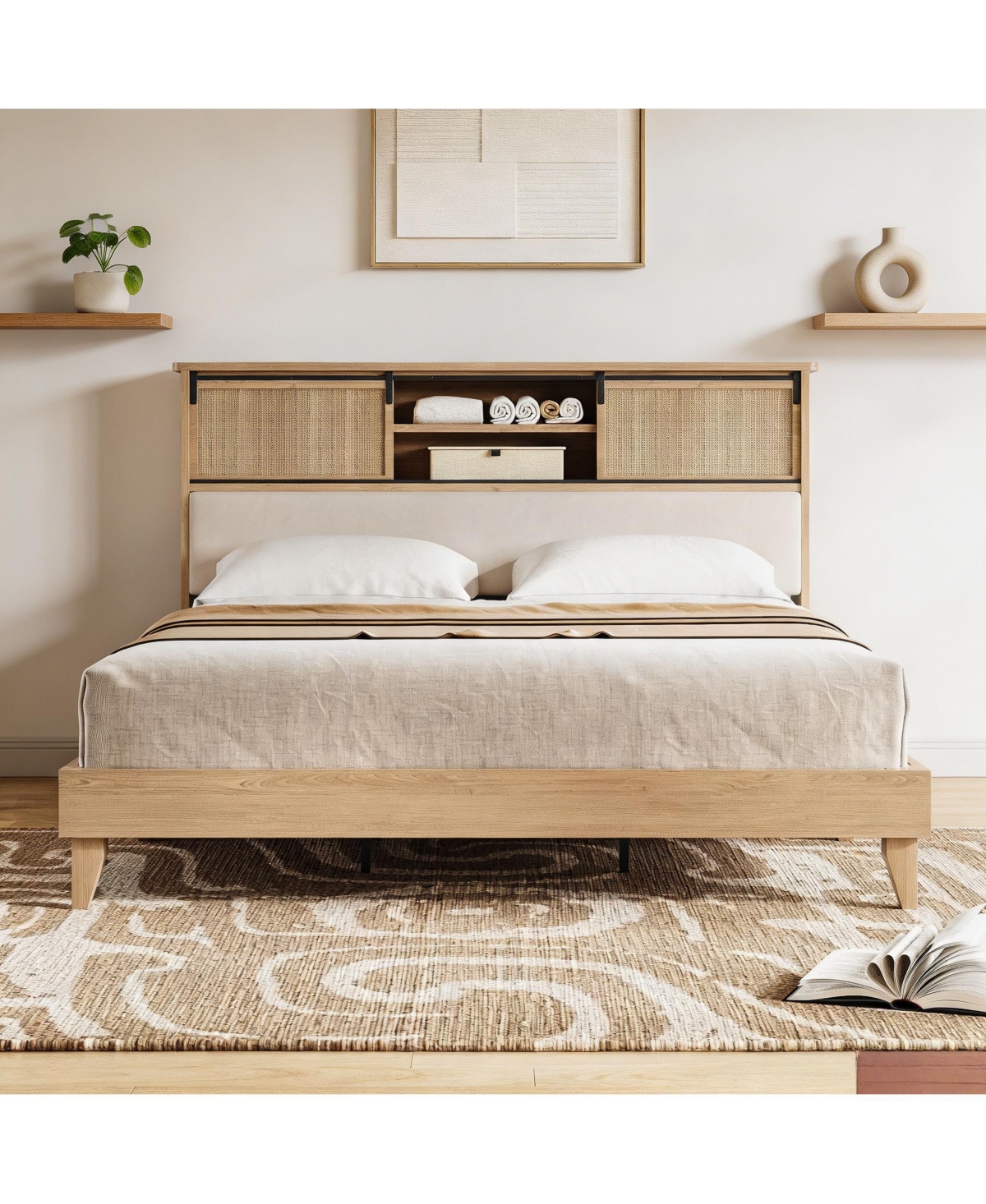 Click here for homfan King Size Oak and Rubber Wood Rattan Platfo... prices