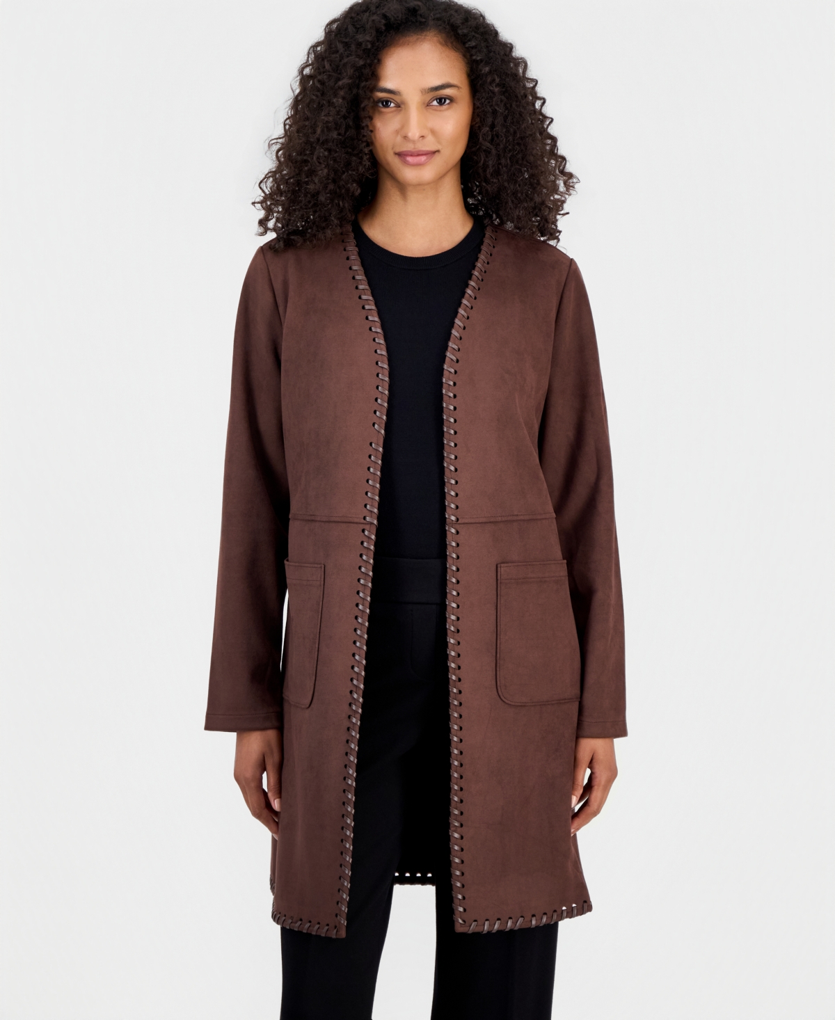 Click here for T Tahari Womens Open-Front Faux-Leather Whipstitch... prices
