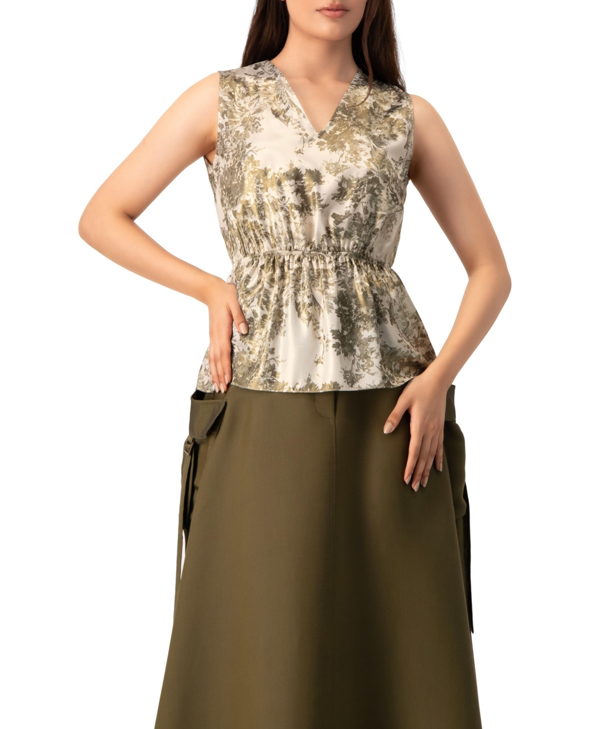 Click here for Ivonne Womens Sleeveless Peplum Blouse in Abstract... prices