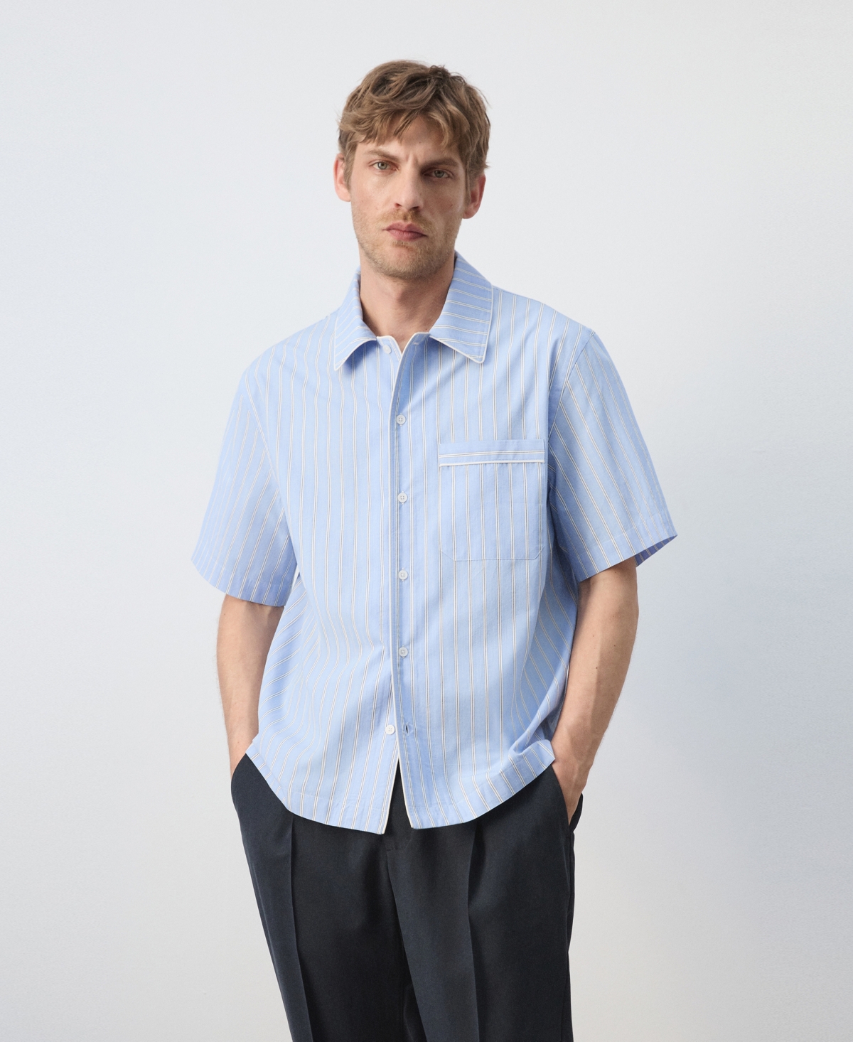 Click here for Mango Mens Cotton Striped Shirt - Sky Blue prices