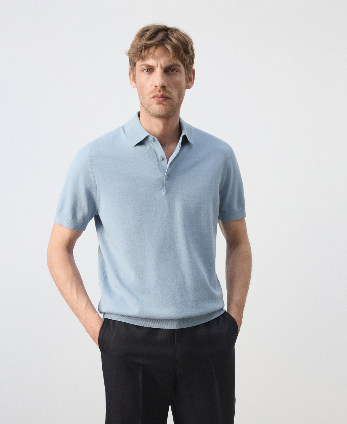Click here for Mango Mens Cotton Fine-Knit Polo Shirt - Aqua Gree... prices