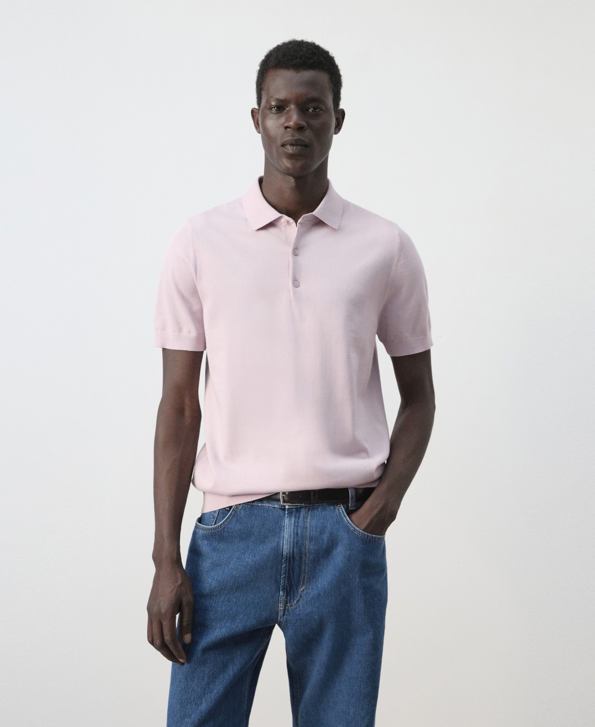 Click here for Mango Mens Cotton Fine-Knit Polo Shirt - Light Pin... prices