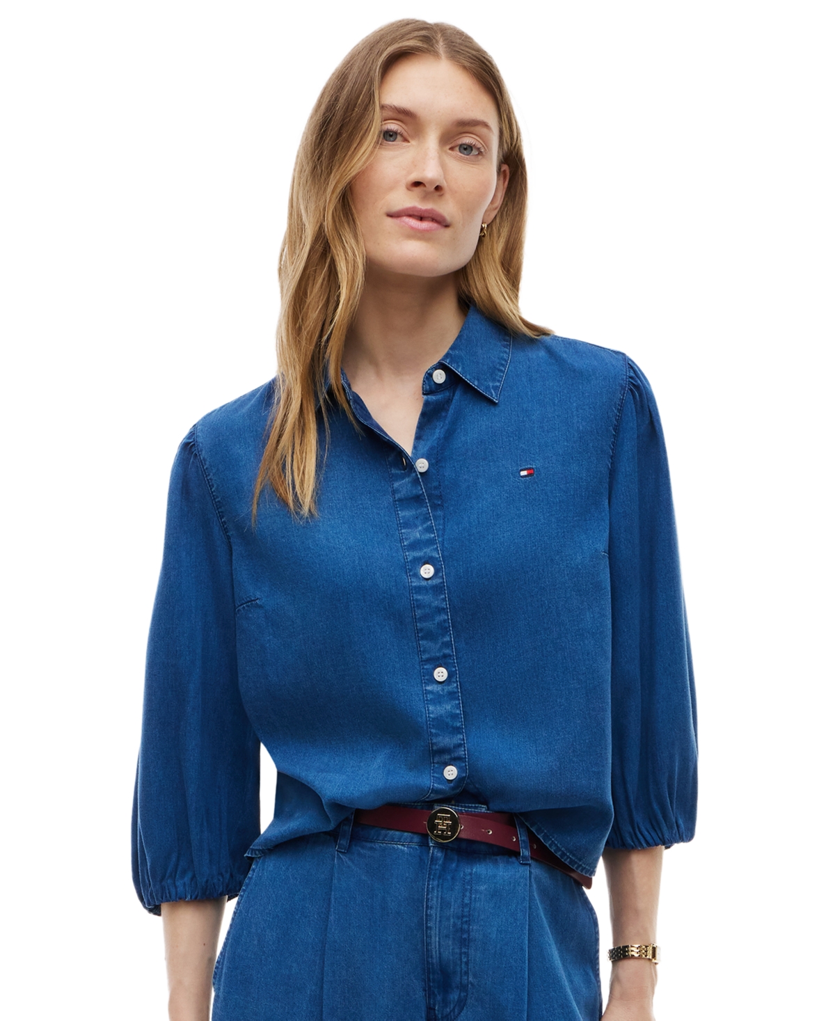 Click here for Tommy Hilfiger Womens Chambray Puff-Sleeve Button-... prices