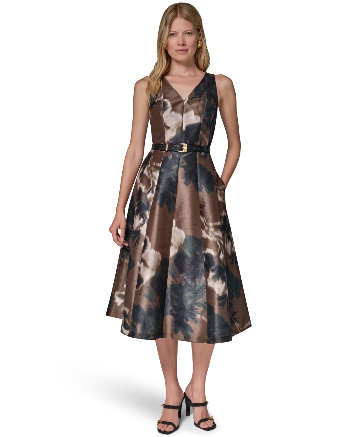 Click here for Donna Karan New York Womens Dupion Print Belted Mi... prices