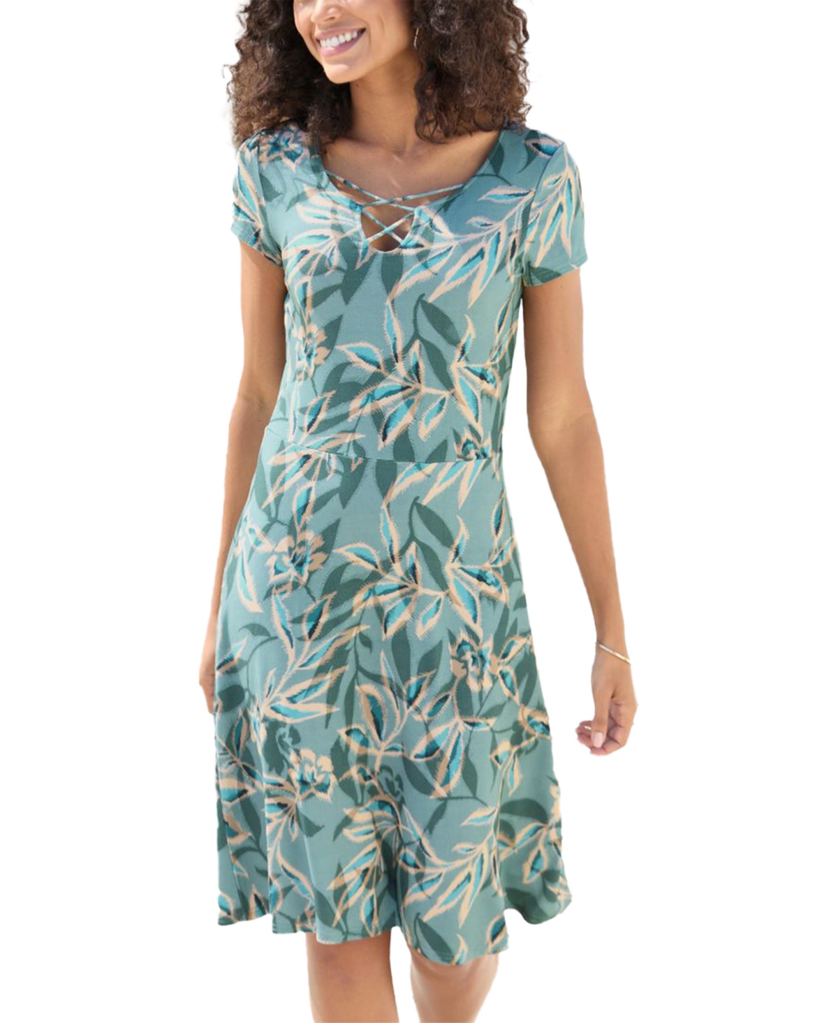 Click here for Lascana Womens Lace Up Detail Dress - Teal print prices