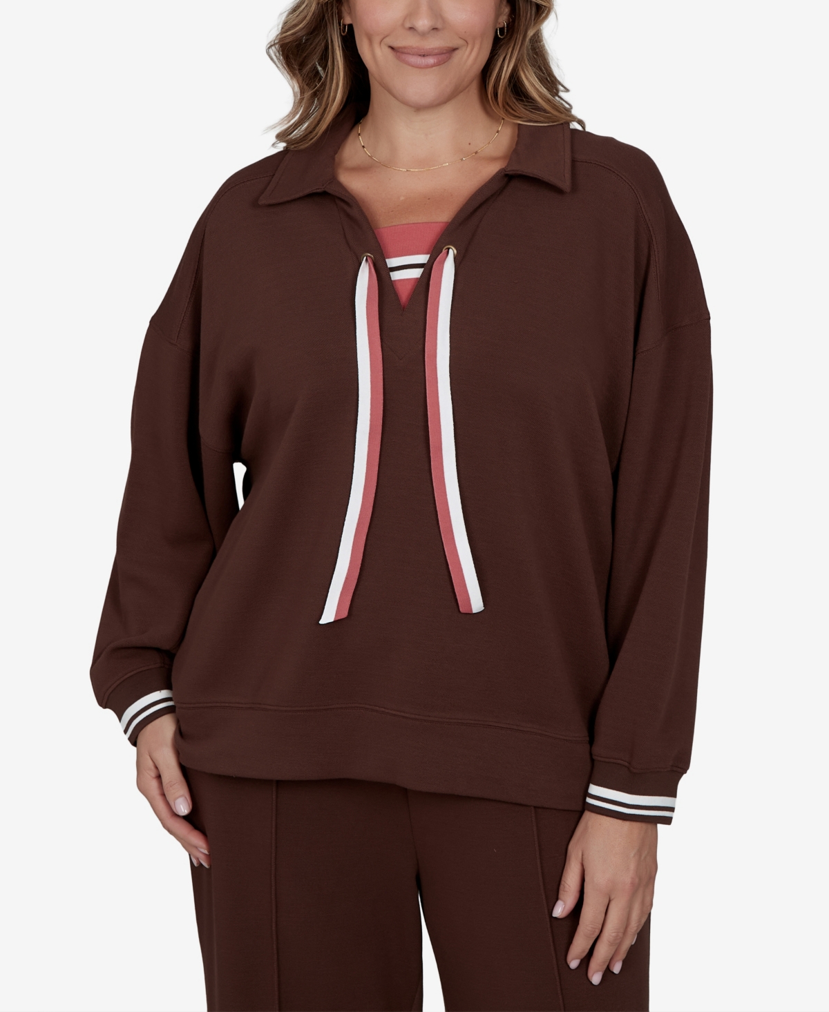 Click here for Ruby Rd. Plus Size Stripe Trim Drawstring Pullover... prices