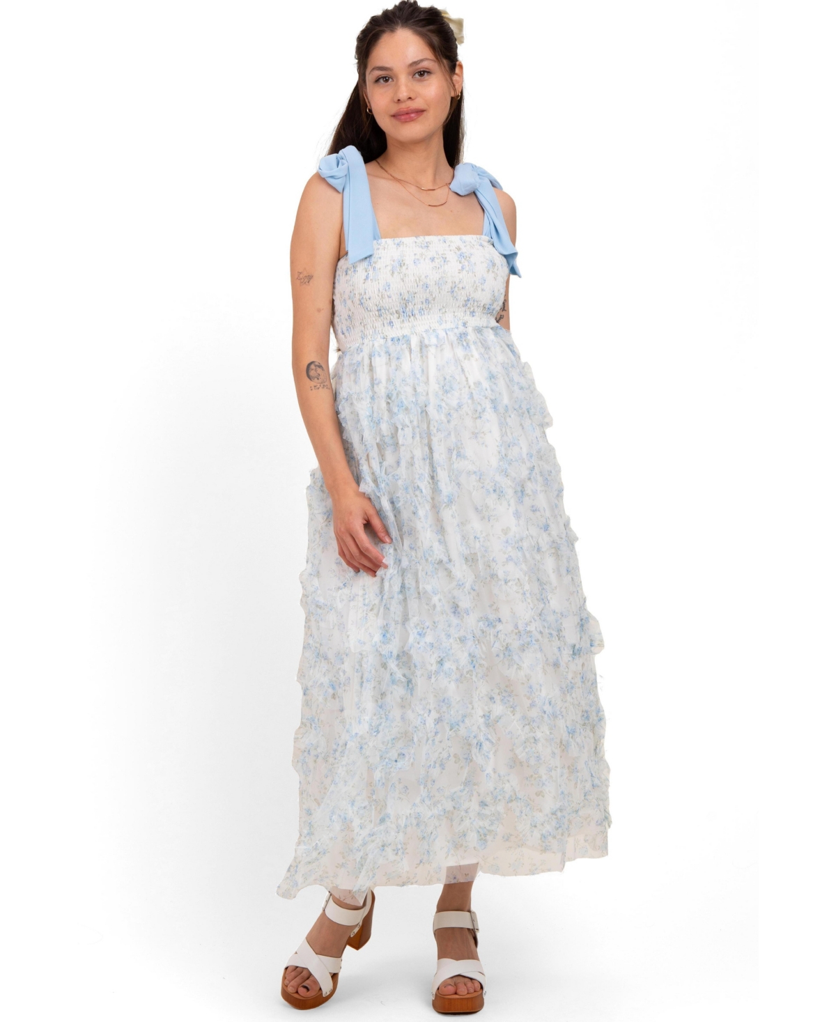 Click here for Pinkblush Womens Light Blue Floral Smocked Shoulde... prices