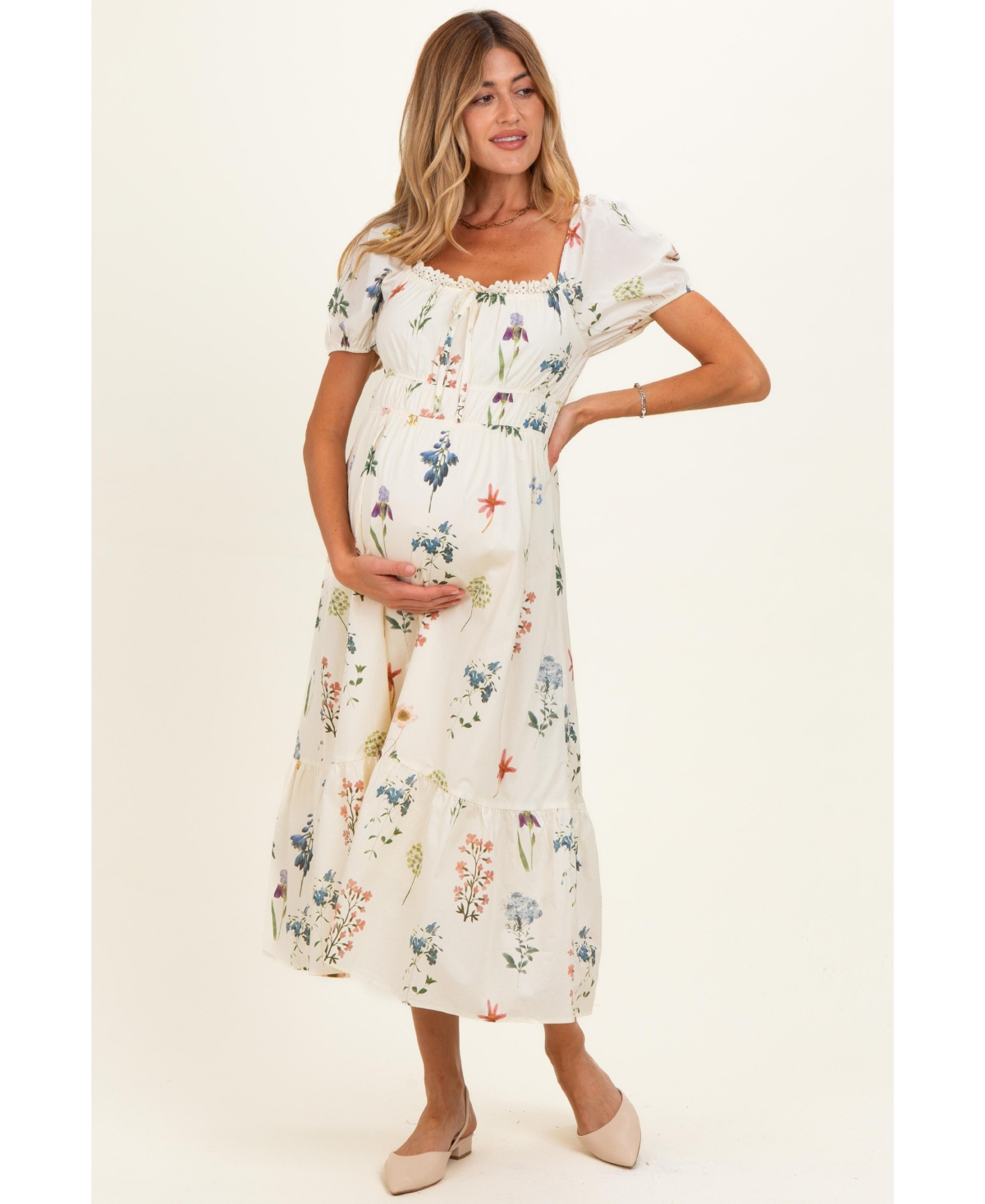 Click here for Pinkblush Womens Ivory Floral Puff Sleeve Midi Dre... prices