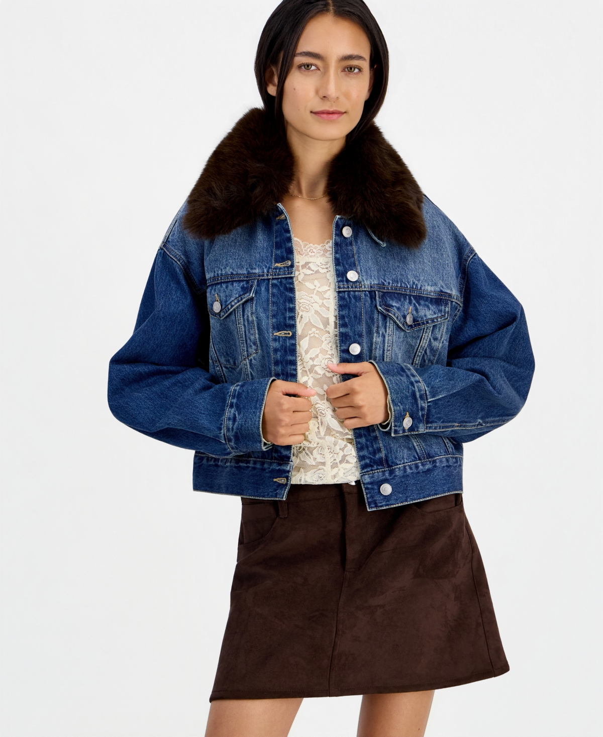 Click here for And Now This Womens Removable Faux-Fur Collar Deni... prices