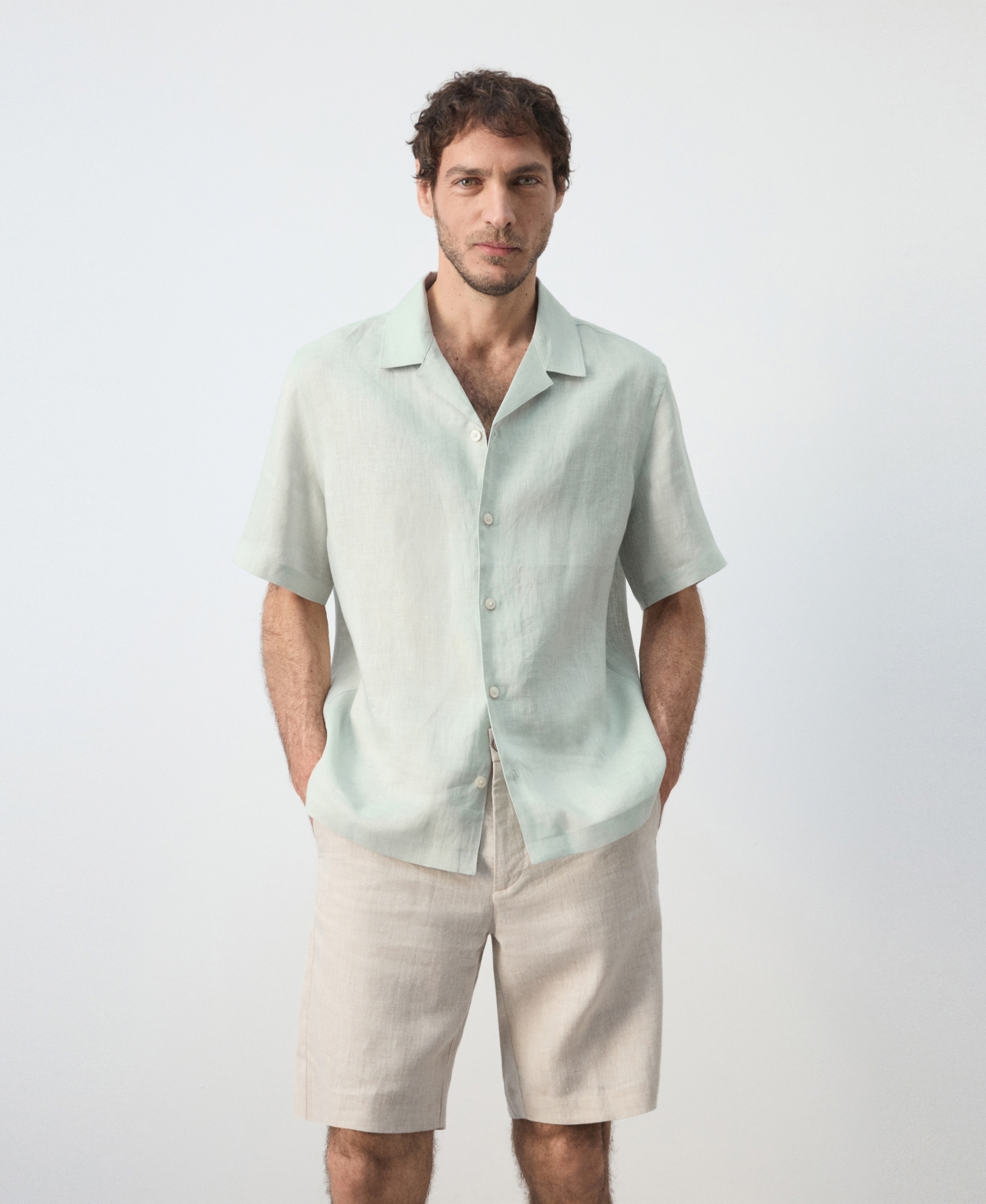 Click here for Mango Mens Regular-Fit Linen Shirt - Aqua Green prices