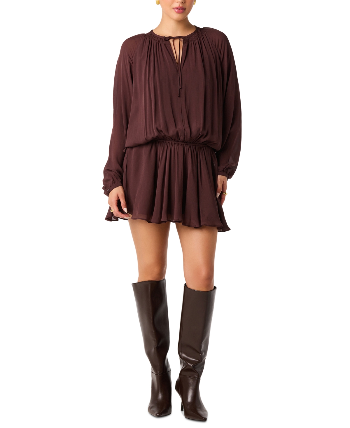 Click here for Astr the Label Womens Long-Sleeve Tie-Neck Mini Dr... prices