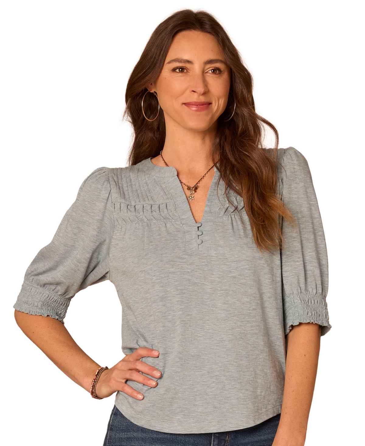 Click here for Democracy Petite Blouson-Sleeve Mandarin Collar Kn... prices
