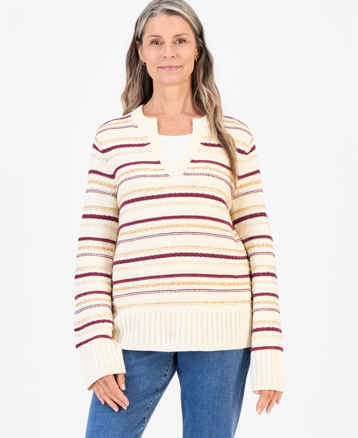 Click here for Style & Co Womens Sequin Split-Neck Striped Sweate... prices