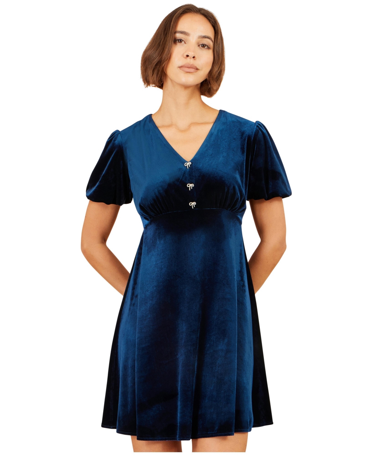Click here for Yumi Womens Diamante Bow Velvet Skater Dress - Nav... prices