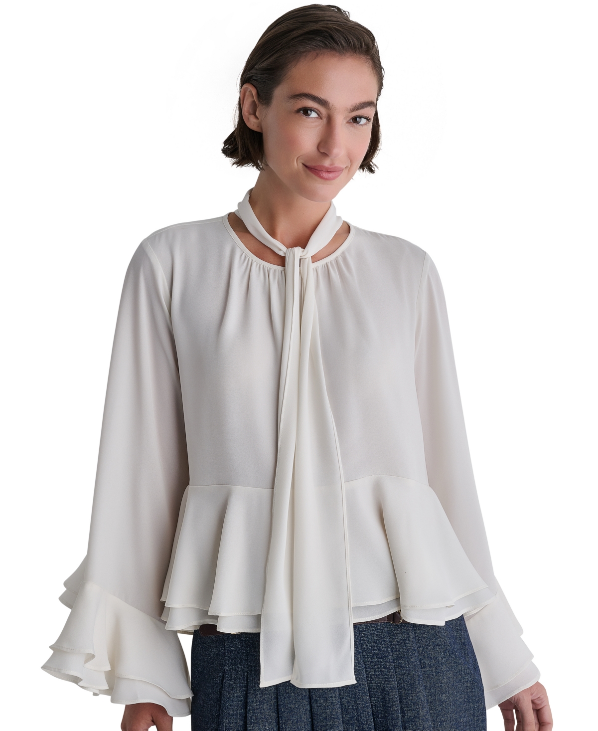 Click here for Bcbg Womens Long-Sleeve Tie-Neck Layered Cuff Blou... prices