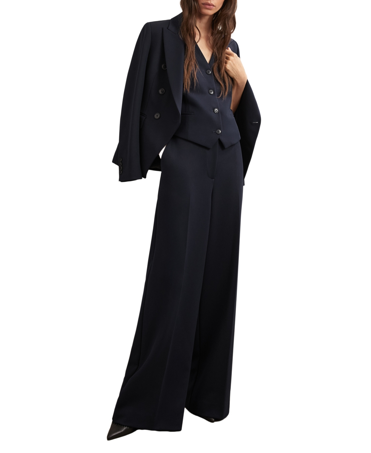 Click here for Reiss Petite Gabi Mid-Rise Wide-Leg Trousers - Nav... prices