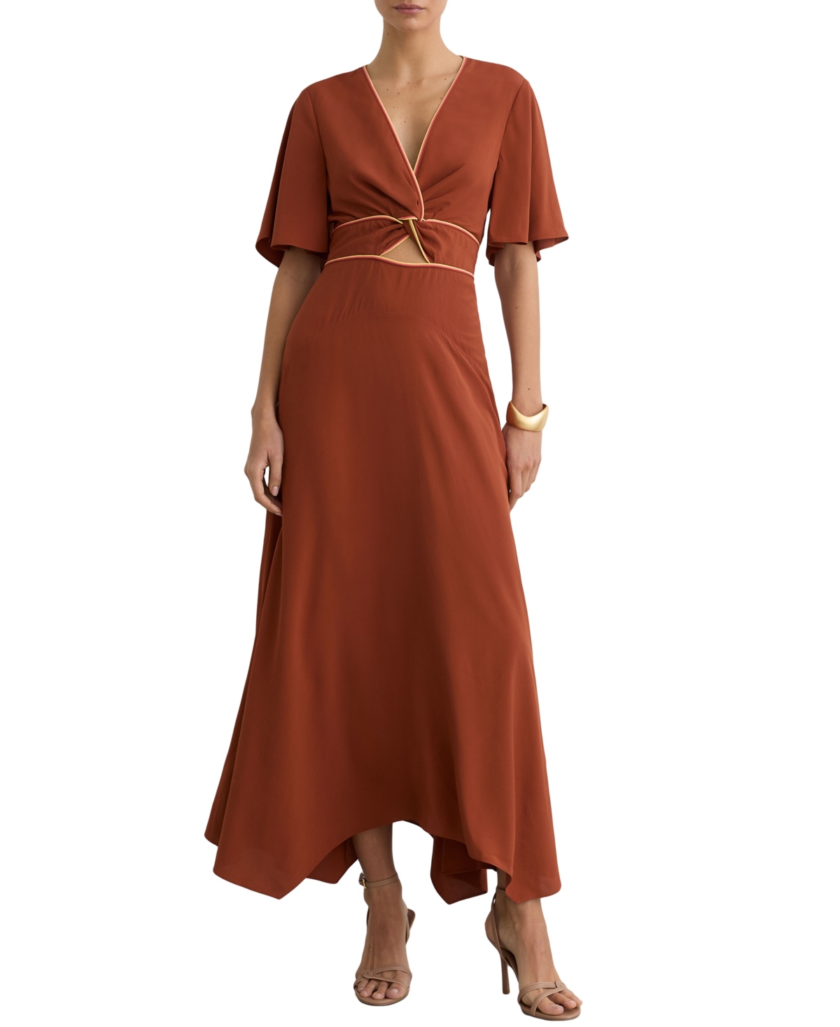 Click here for Reiss Womens Rosanna Piped-Trim Cut-Out V-Neck Mid... prices