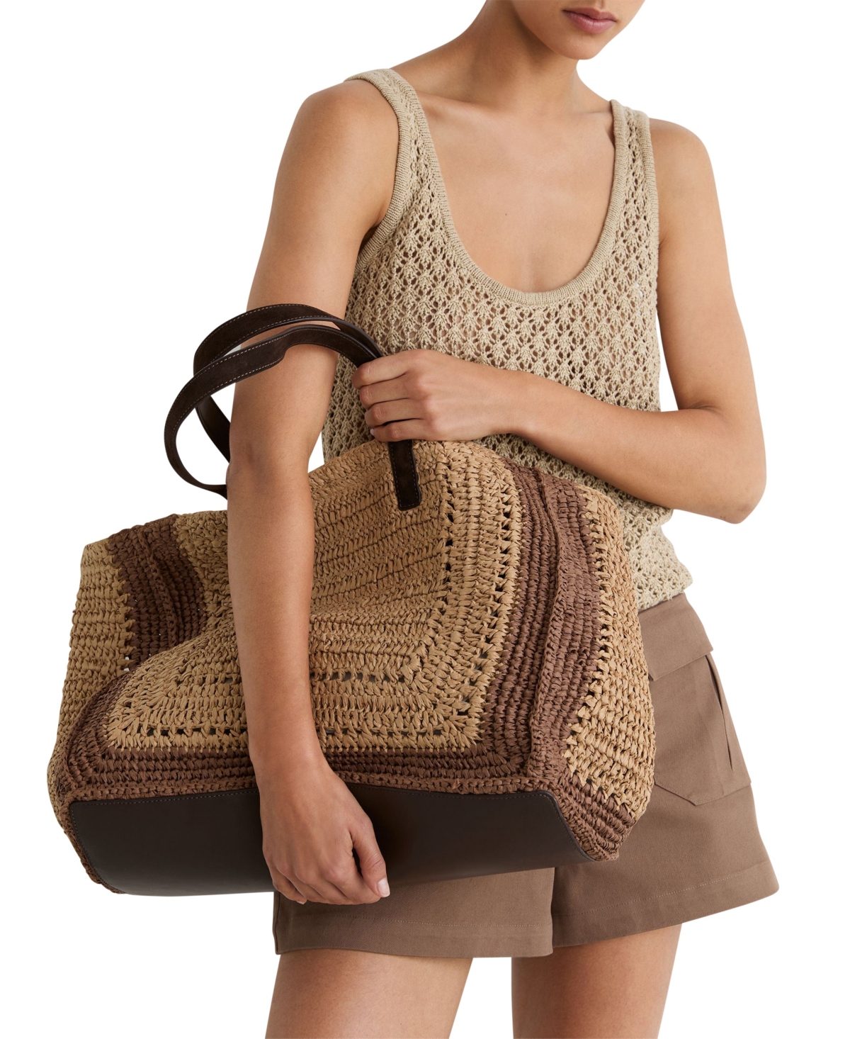Click here for Reiss Womens Rosie Raffia-Effect Two-Tone Tote Bag... prices