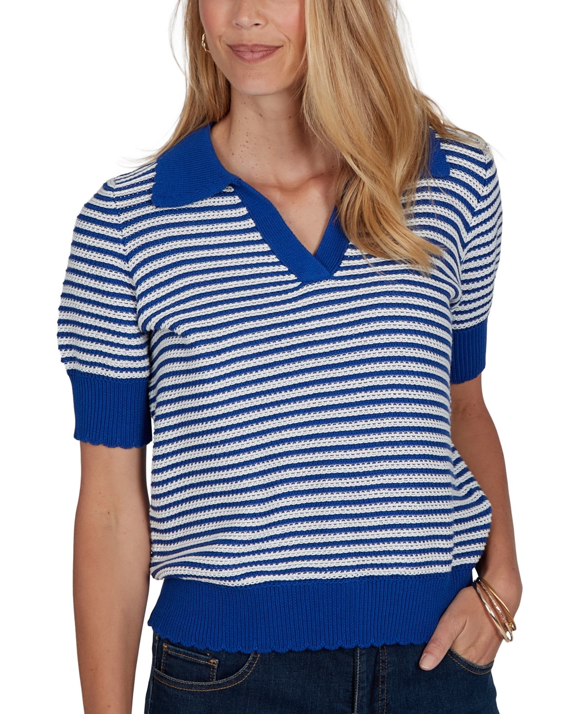 Click here for Ruby Rd. Petite Two-Tone Collared Elbow-Sleeve Swe... prices