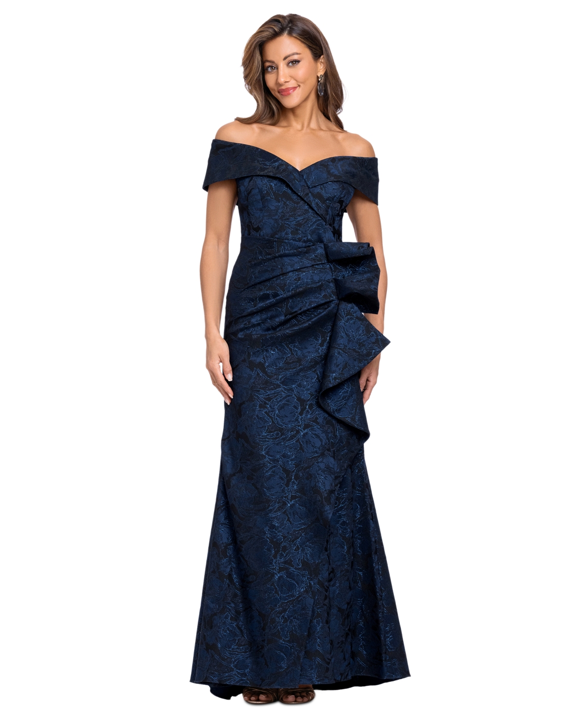 Click here for Xscape Womens Brocade Off-the-Shoulder Ruffle Gown... prices