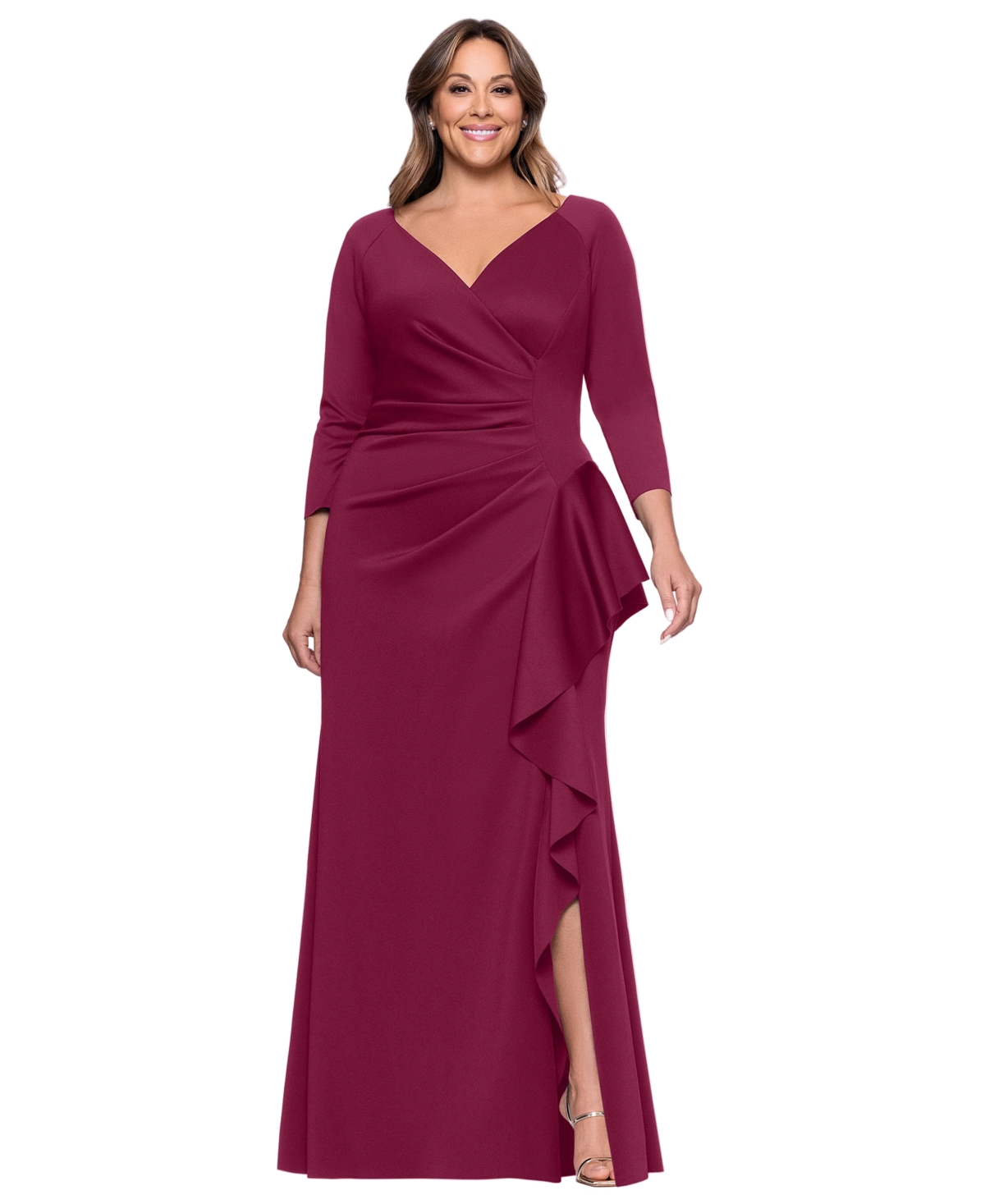 Click here for Xscape Plus Size V-Neck Long Sheath Dress - Wine prices