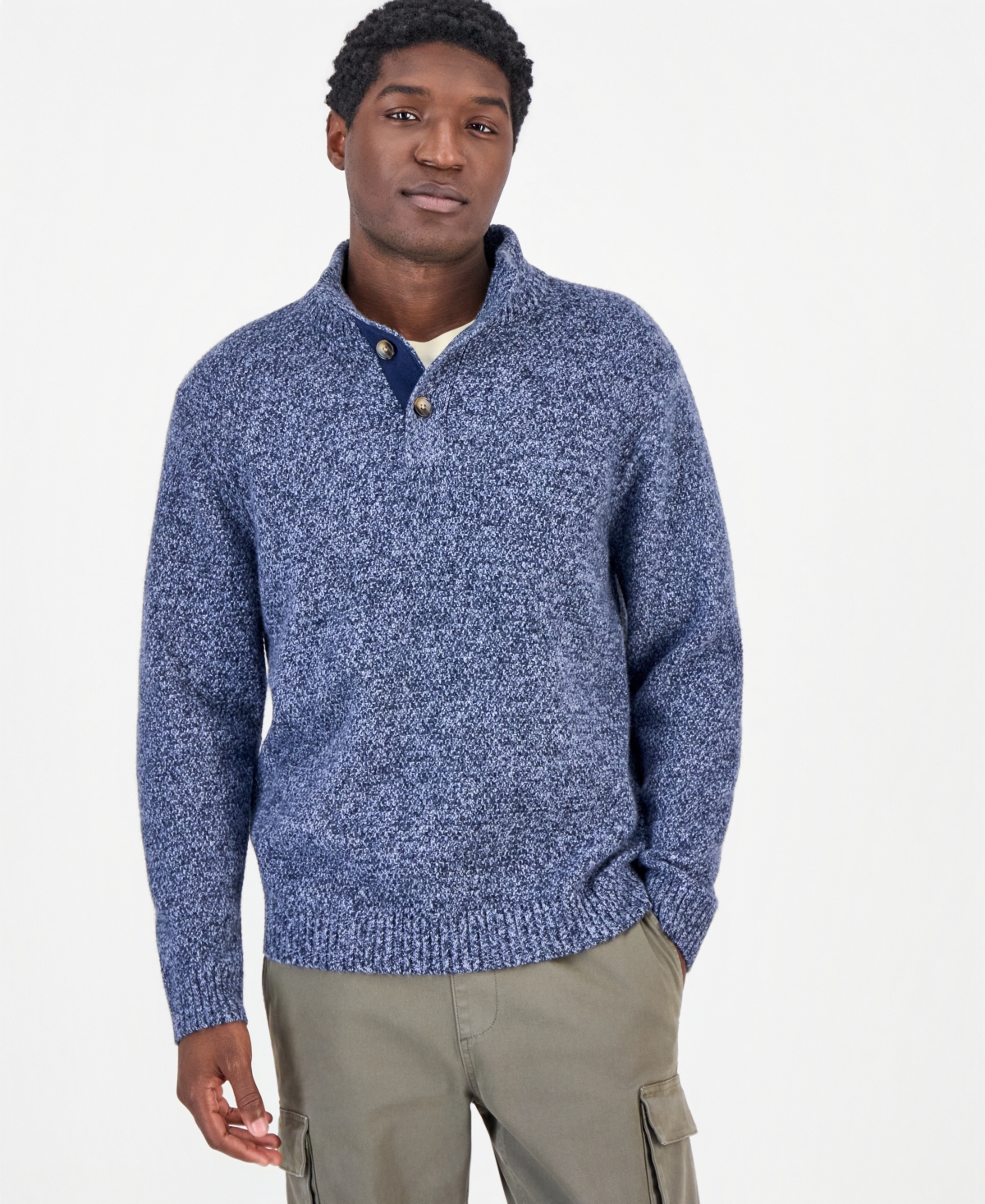 Click here for Sun + Stone Mens Mock Neck Quarter-Placket Sweater... prices