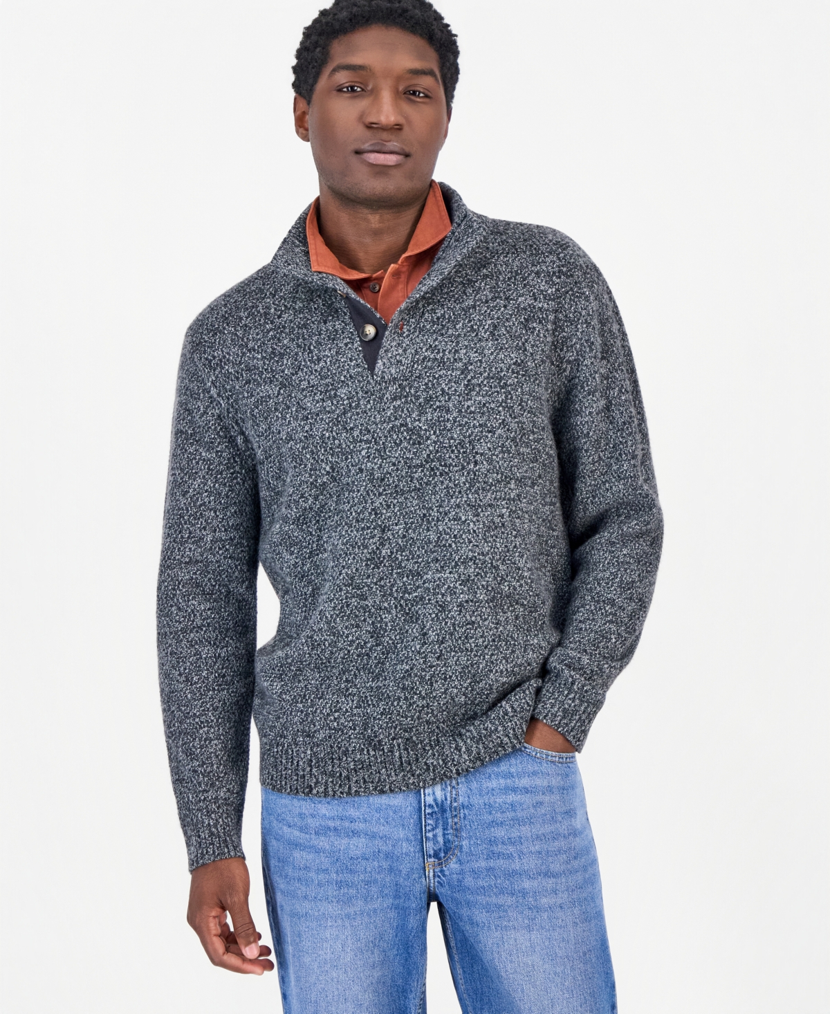 Click here for Sun + Stone Mens Mock Neck Quarter-Placket Sweater... prices