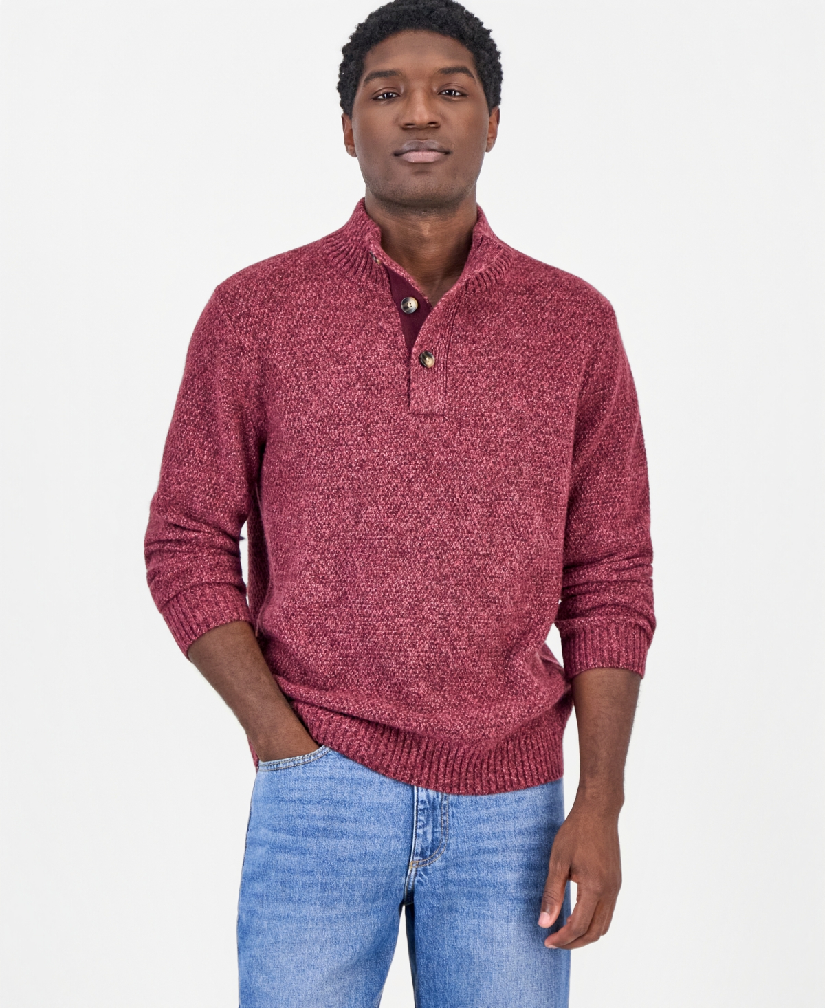 Click here for Sun + Stone Mens Mock Neck Quarter-Placket Sweater... prices
