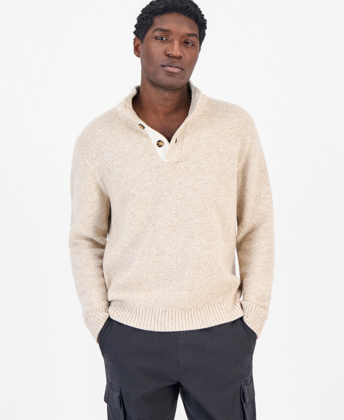 Click here for Sun + Stone Mens Mock Neck Quarter-Placket Sweater... prices