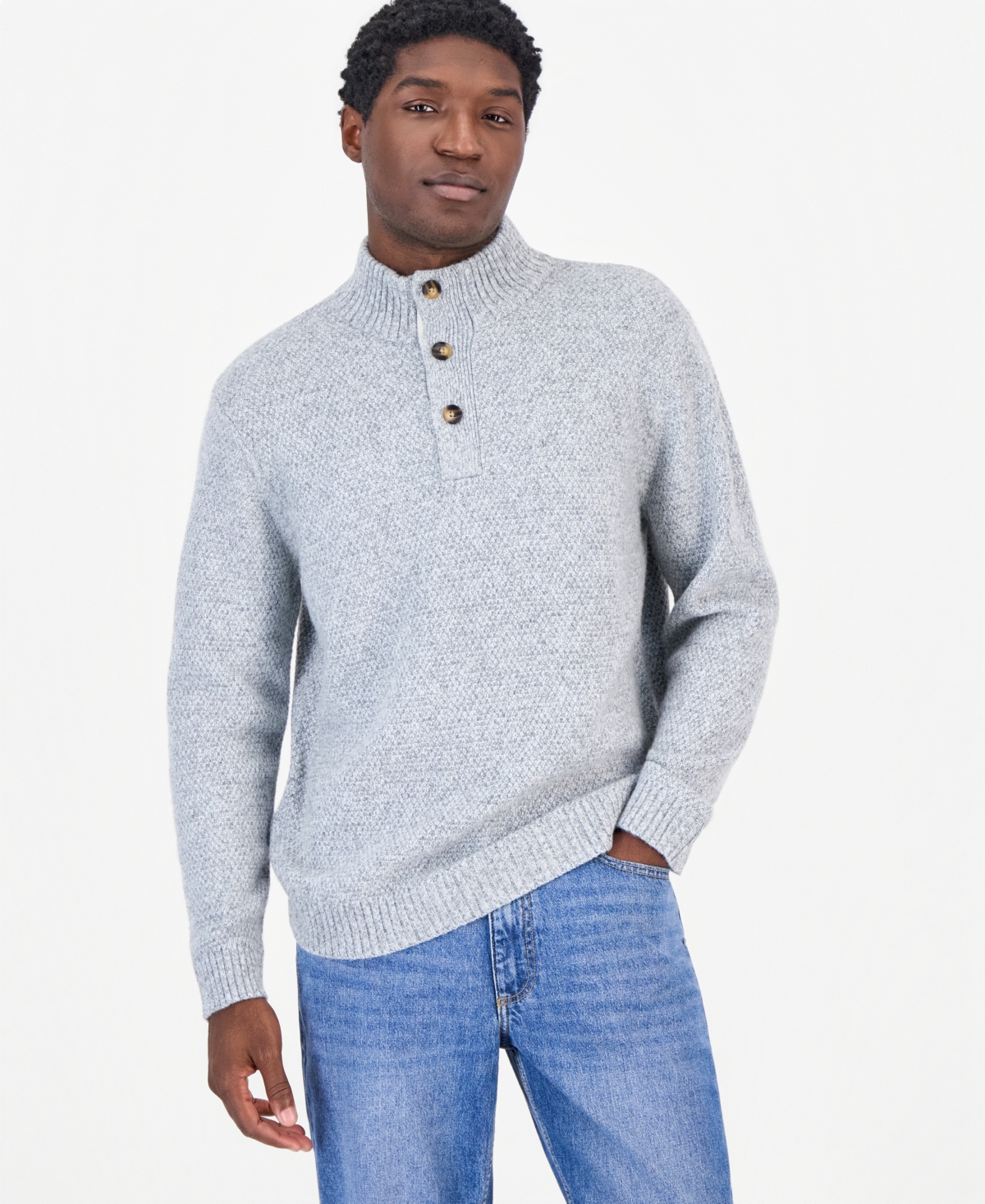 Click here for Sun + Stone Mens Mock Neck Quarter-Placket Sweater... prices