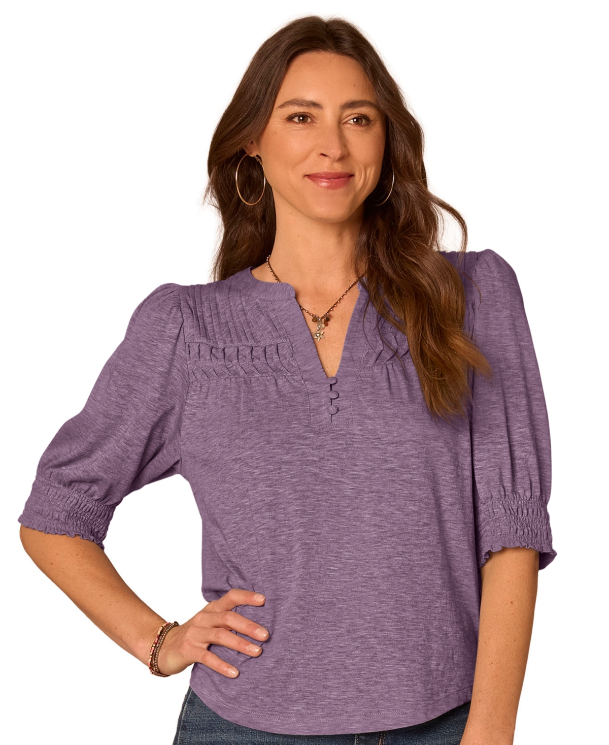 Click here for Democracy Petite Blouson-Sleeve Mandarin Collar Kn... prices