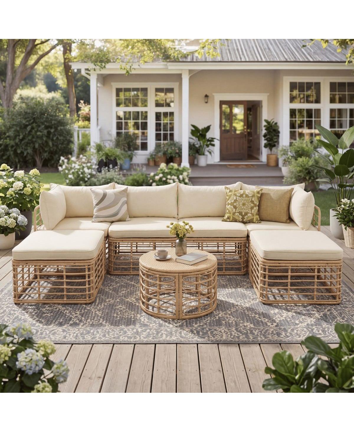 Click here for Asagikoiai 7-Piece Pe Rattan Conversation Set  All... prices