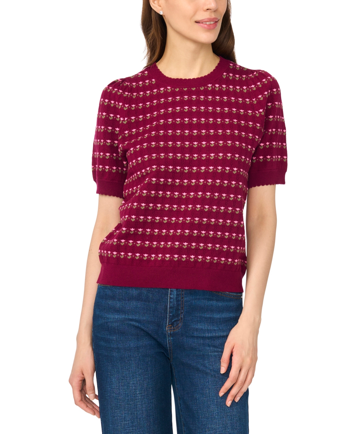 Click here for CeCe Womens Flower Pointelle Crewneck Short-Sleeve... prices