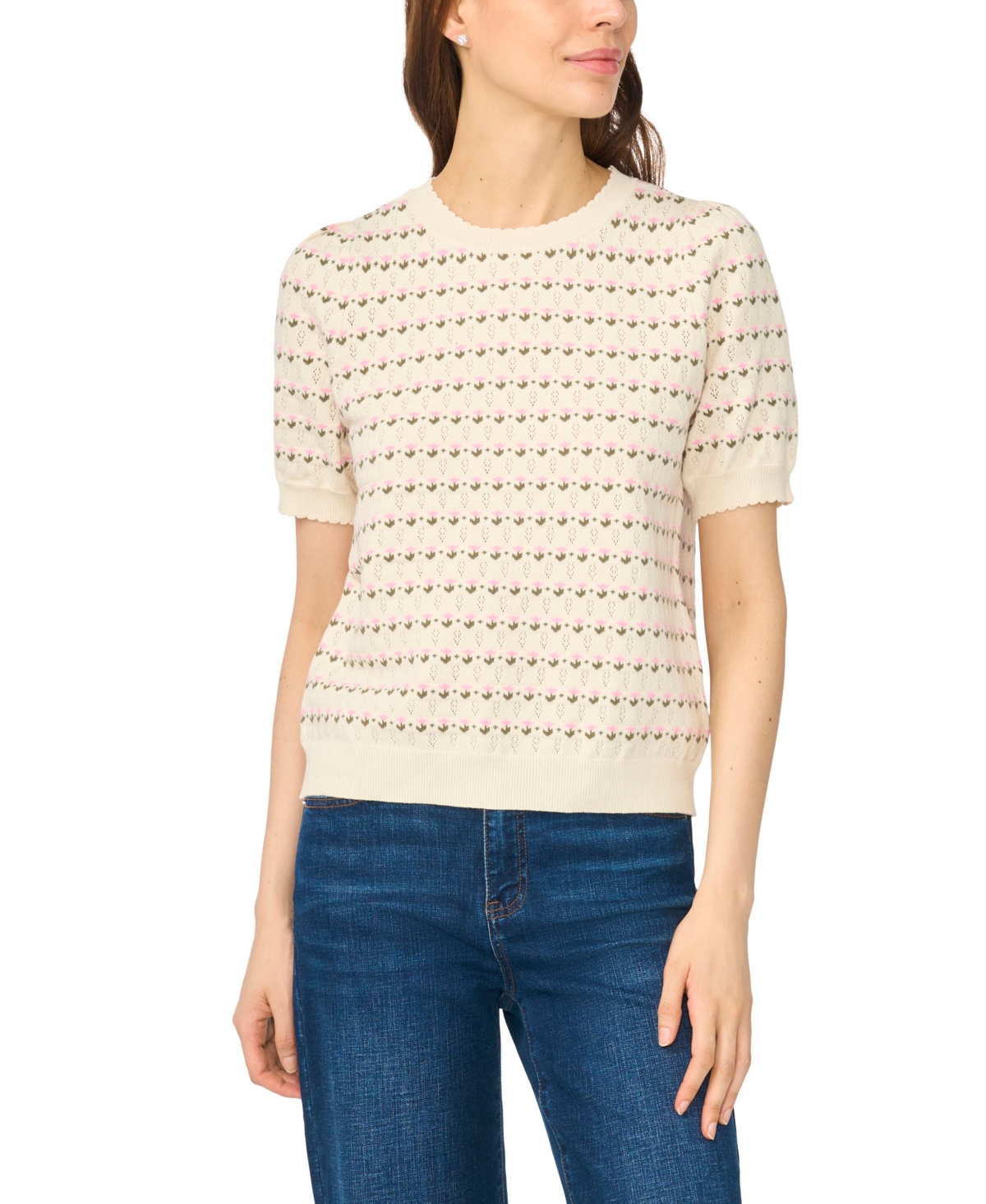 Click here for CeCe Womens Flower Pointelle Crewneck Short-Sleeve... prices