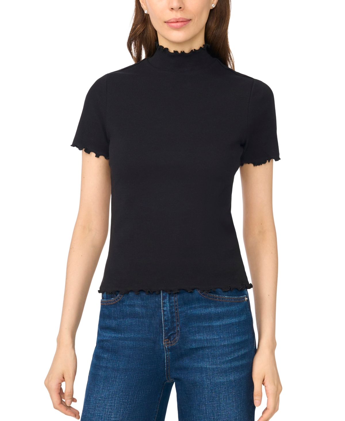 Click here for CeCe Womens Lettuce-Trim Mock Neck Short-Sleeve To... prices